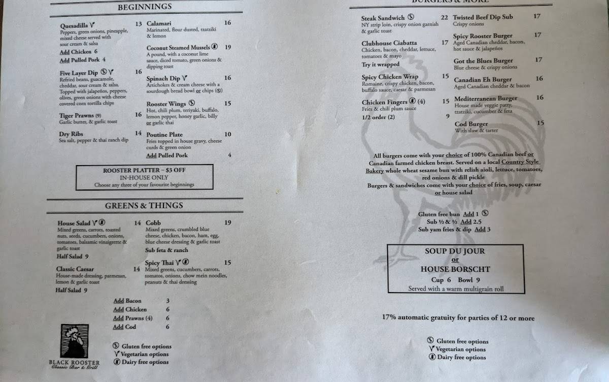 Menu at Black Rooster Classic Bar & Grill, Castlegar