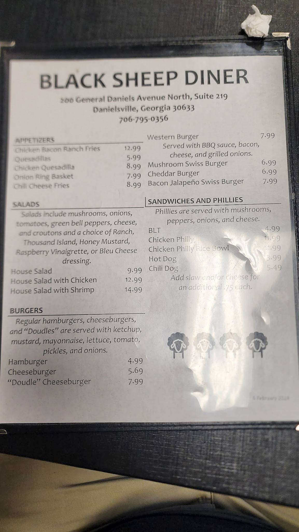 Menu at Black Sheep Diner restaurant, Danielsville