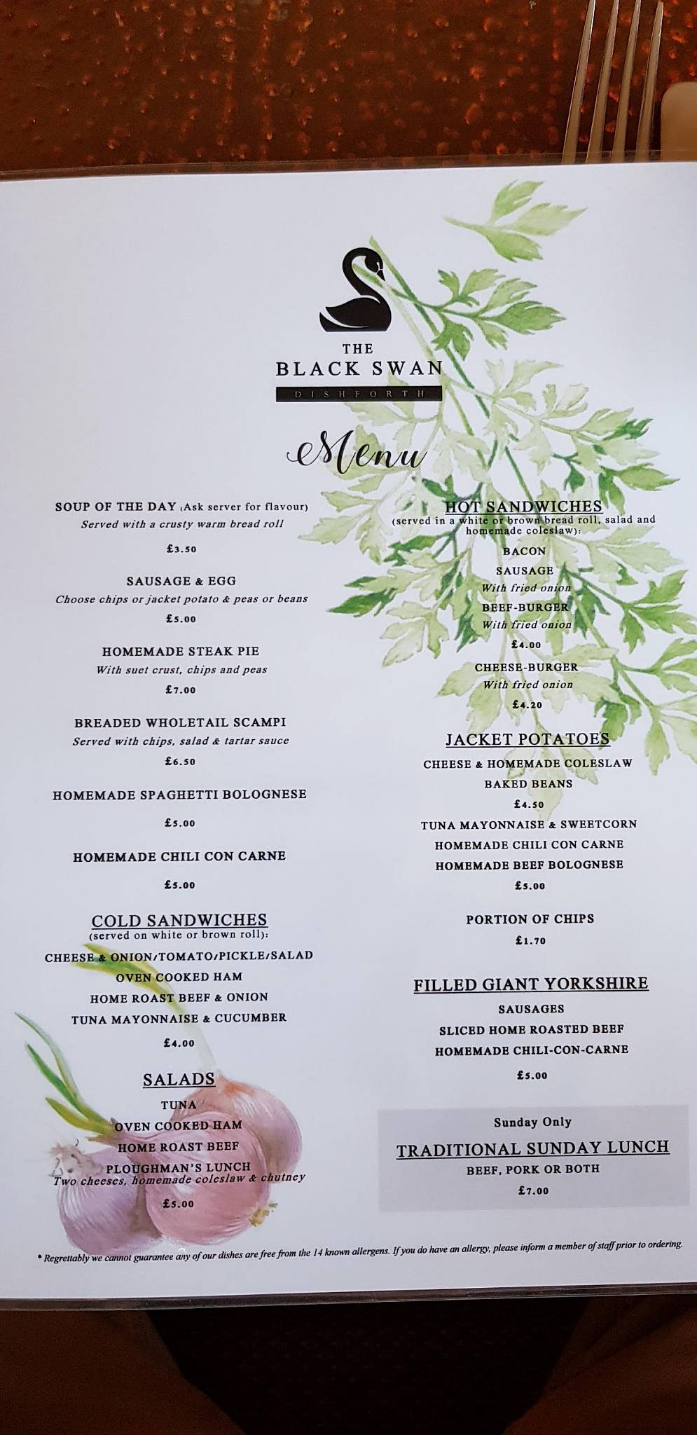 Menu at Black Swan pub & bar, Dishforth, Main Street