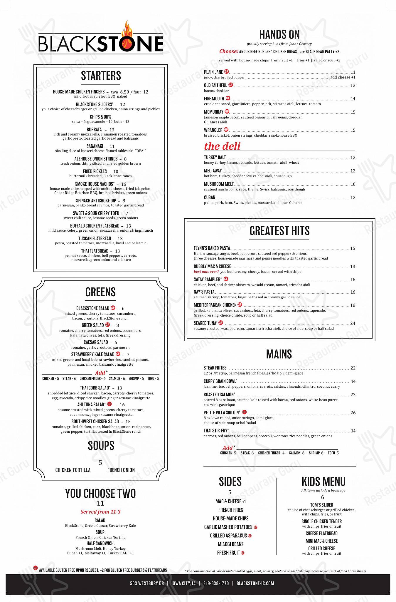 Menu at BlackStone restaurant, Iowa City, 503 Westbury Dr #1