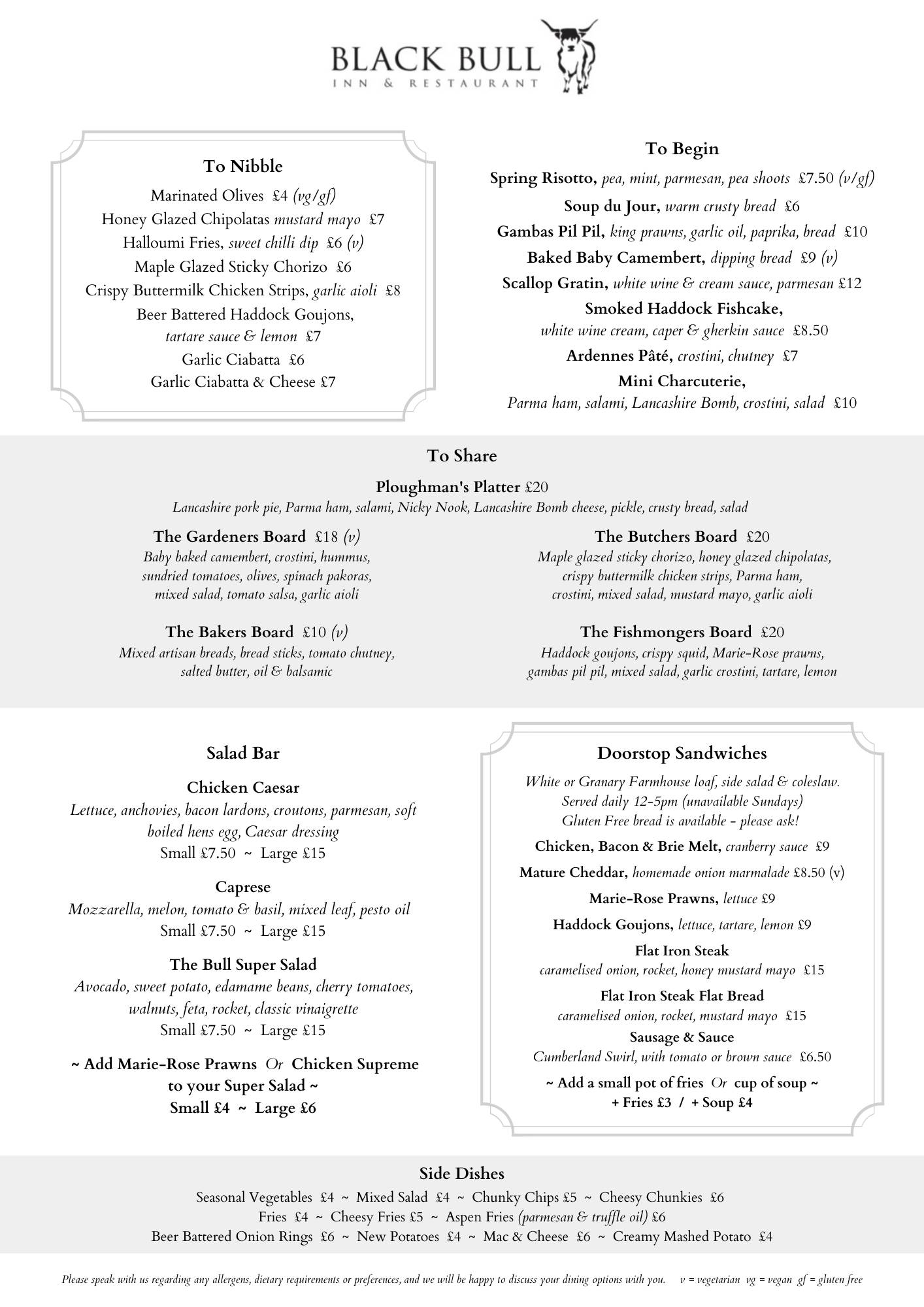 Menu at The Black Bull Inn & Restaurant, Blackburn, Old Langho Rd