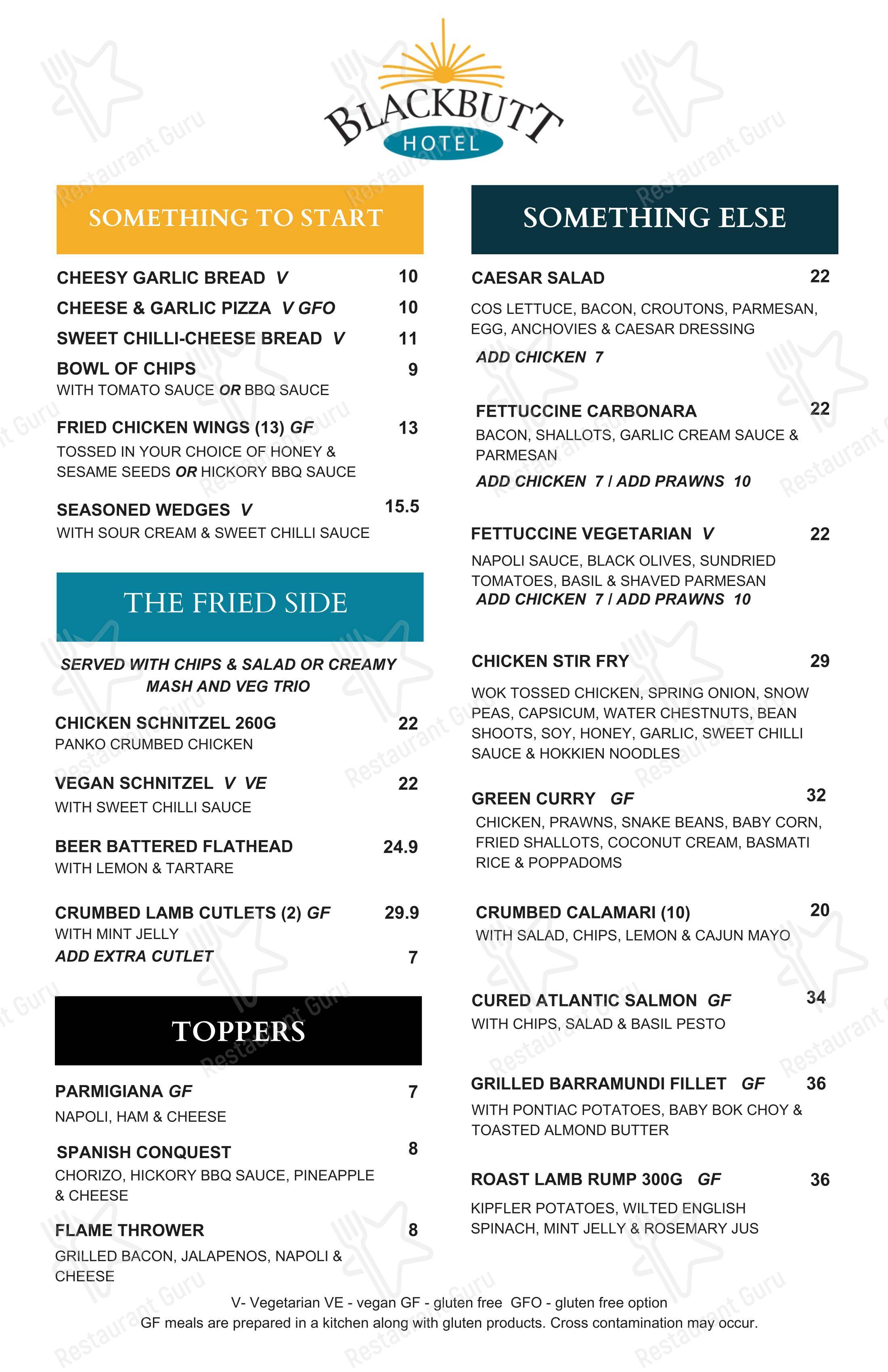 Menu at Blackbutt Hotel restaurant, New Lambton, 80 Orchardtown Rd