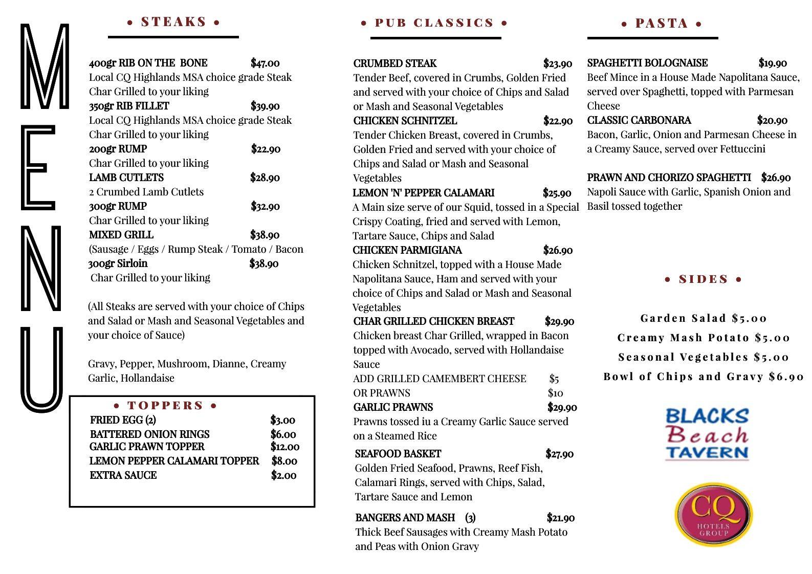 Menu at Blacks Beach Tavern restaurant, Blacks Beach
