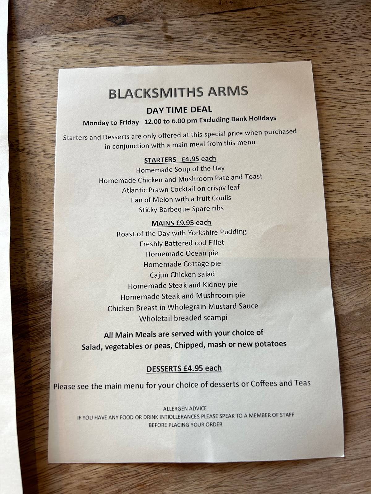 Menu at Blacksmiths Arms pub & bar, Huddersfield