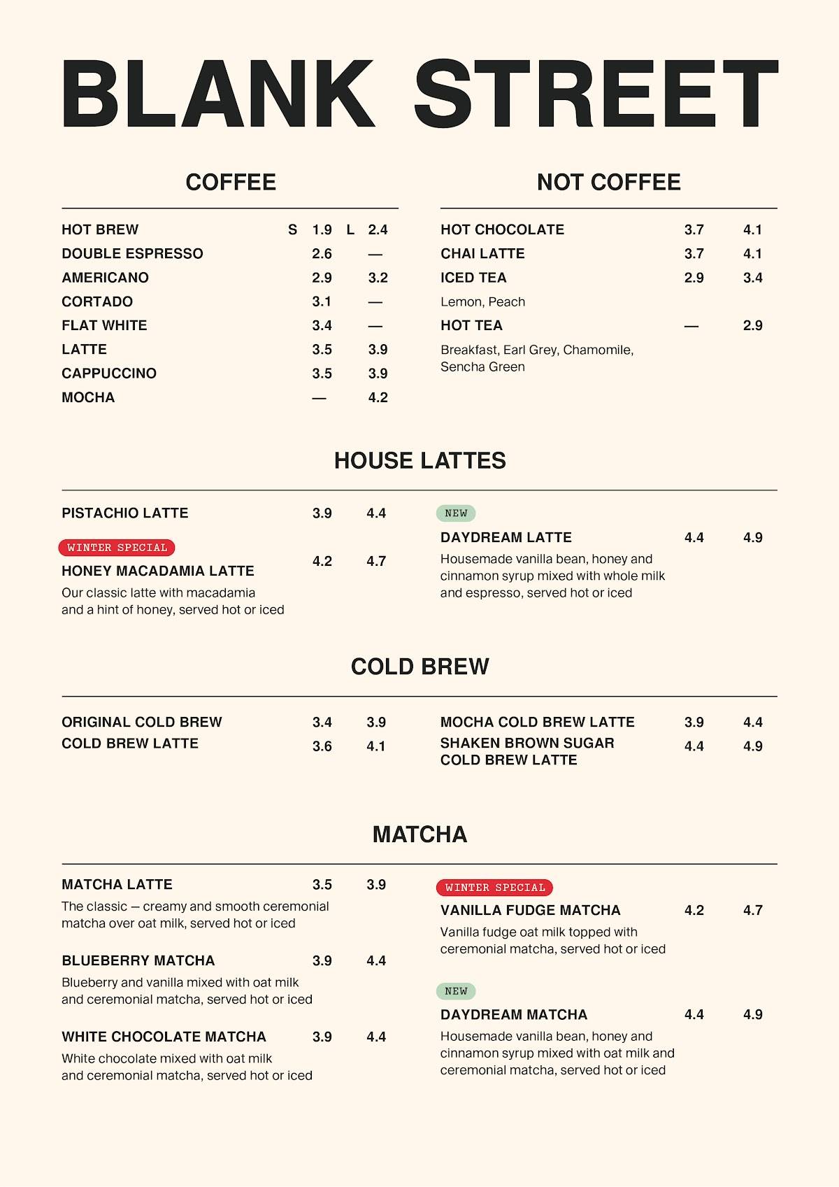 Menu at Blank Street Coffee cafe, London, 80 Kingsway