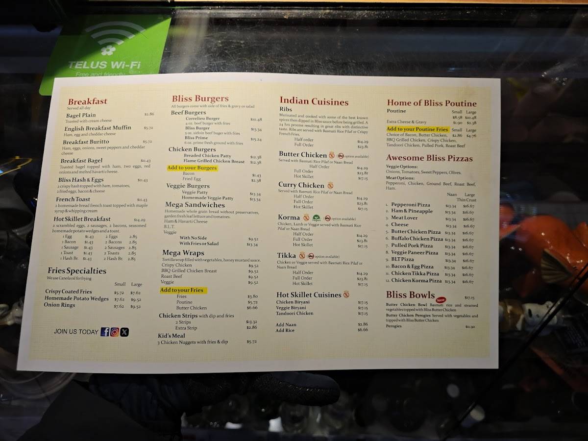 Menu at Bliss Coffee restaurant, Quesnel