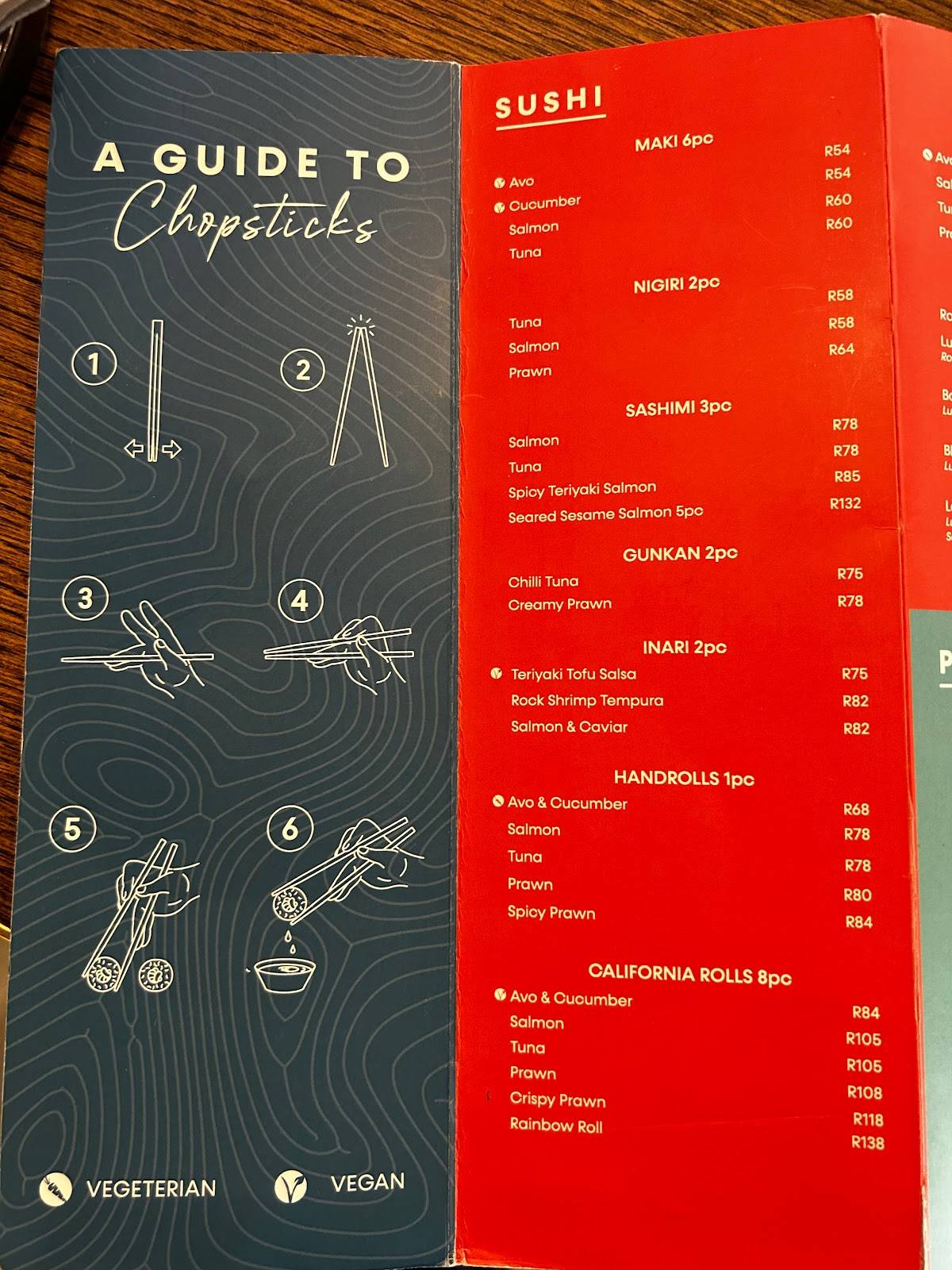 Menu at Blu Bam Boo restaurant, Johannesburg