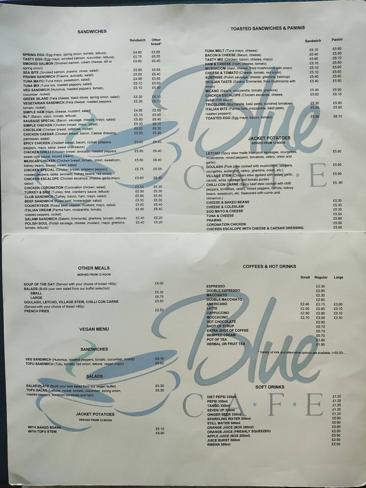 Menu at Blue Cafe, Leatherhead