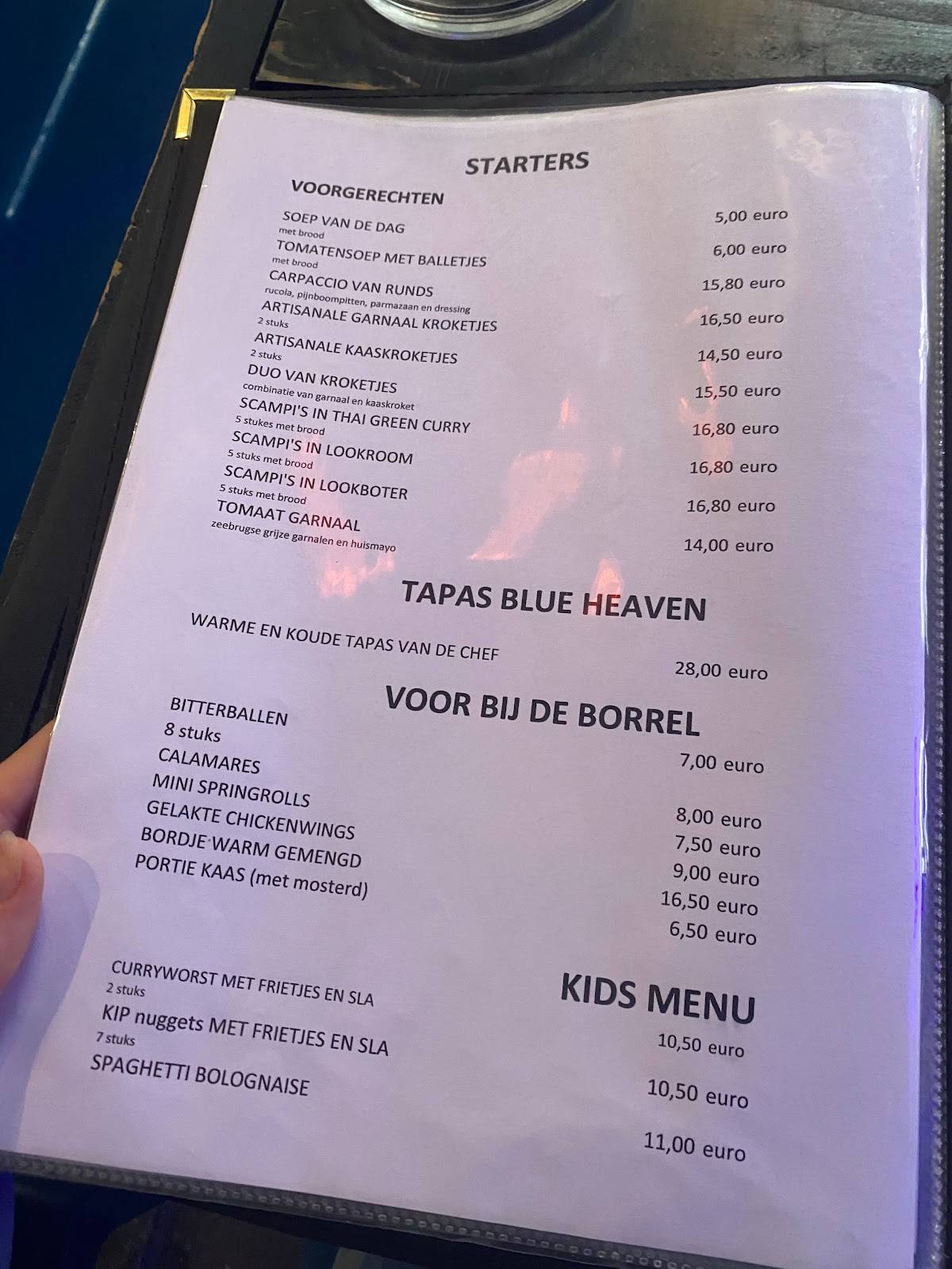 Menu au Blue Heaven, Anvers