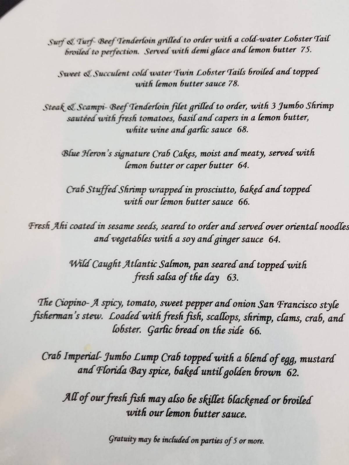 Menu at Blue Heron Restaurant, Marco Island, 387 Capri Blvd #8613