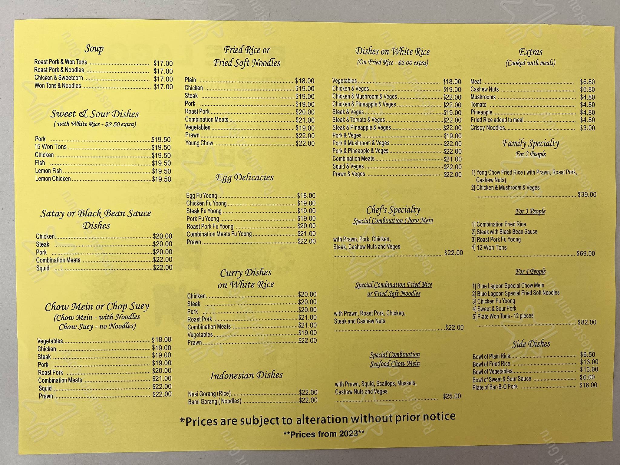 Menu at Blue Lagoon Takeaways fast food, Auckland
