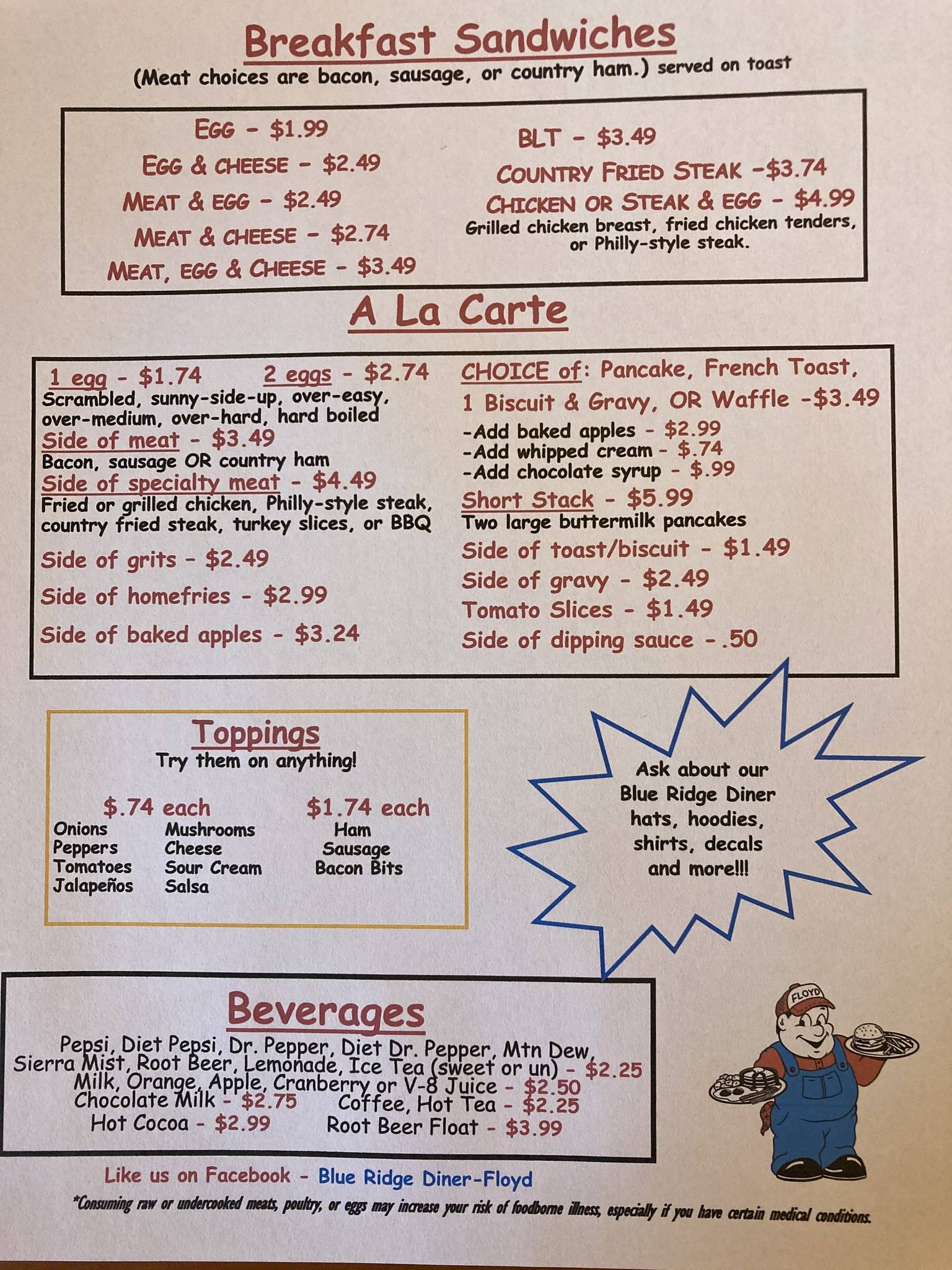 Menu at Blue Ridge Diner cafe, Floyd, 113 E Main St