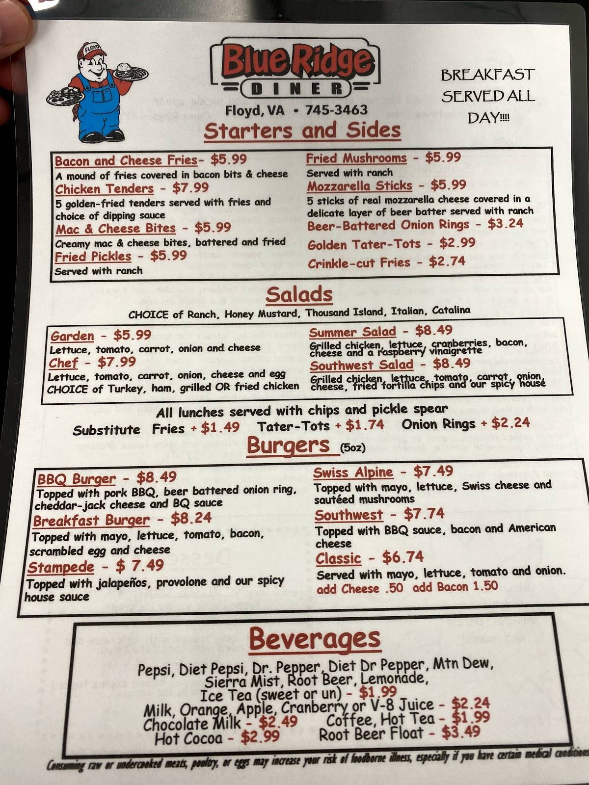 Menu at Blue Ridge Diner cafe, Floyd, 113 E Main St
