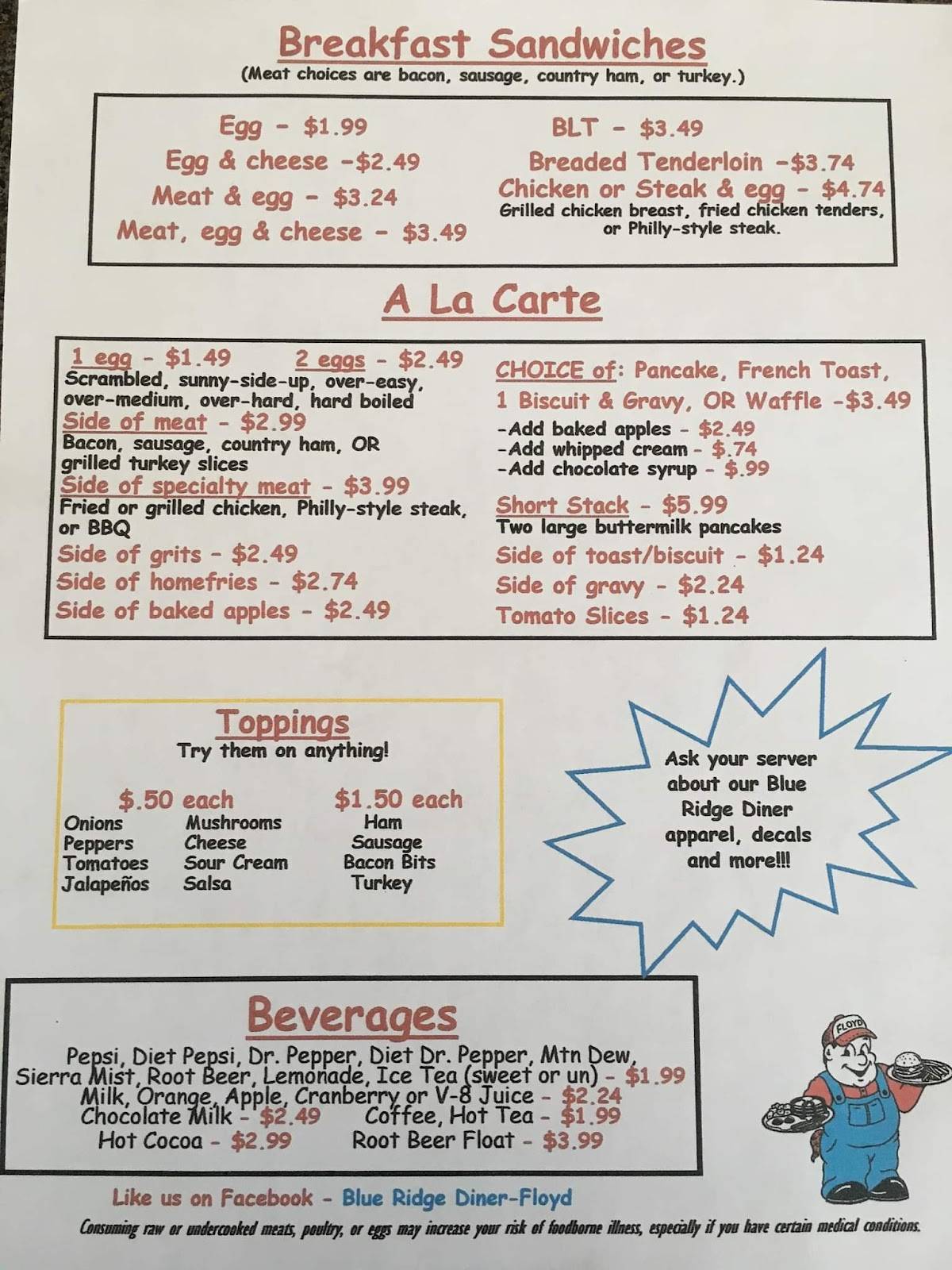 Menu at Blue Ridge Diner cafe, Floyd, 113 E Main St