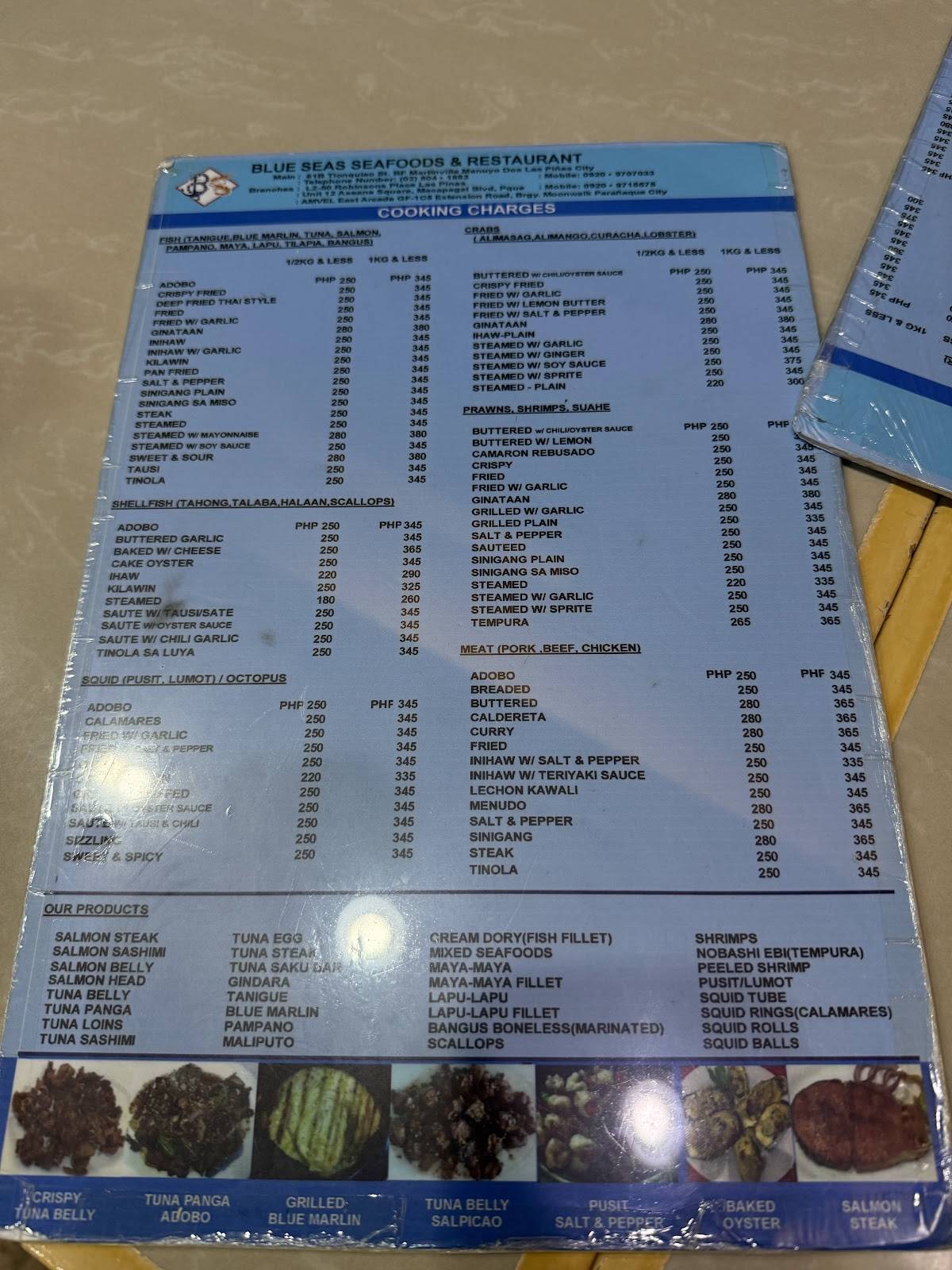 Menu at Blue Seas Seafoods & Restaurant, Parañaque