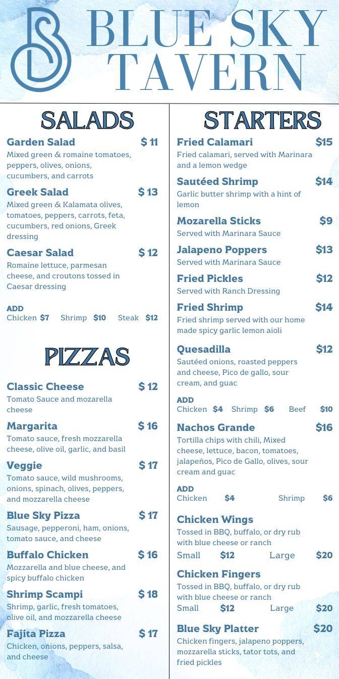 Menu at Blue Sky Tavern pub & bar, Winthrop