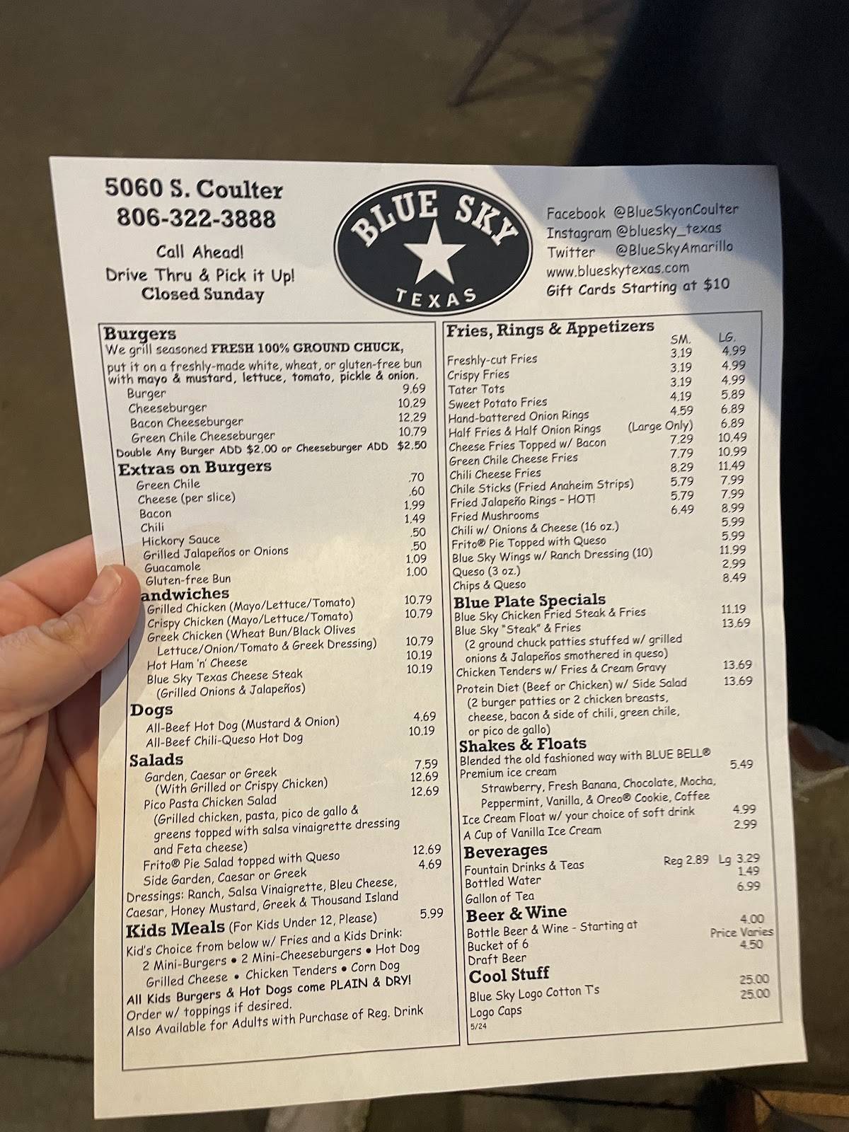 Menu at Blue Sky restaurant, Amarillo, Coulter St S