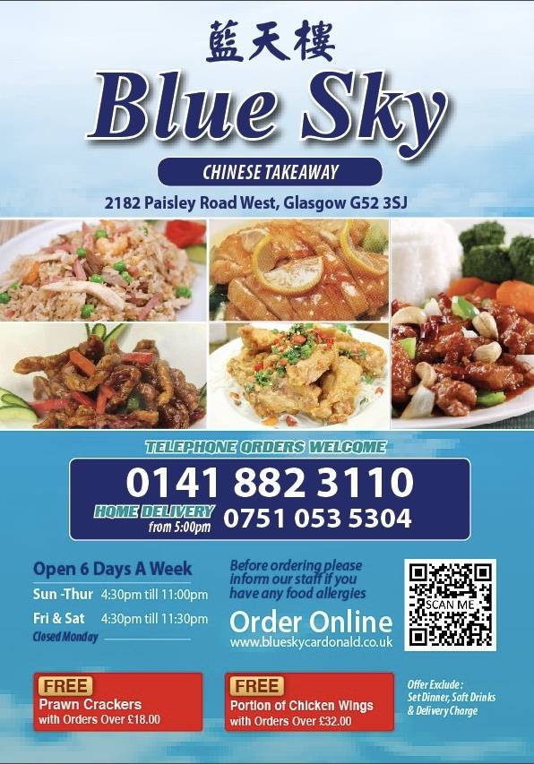 Menu at Blue Sky fast food, Glasgow, Paisley Rd W