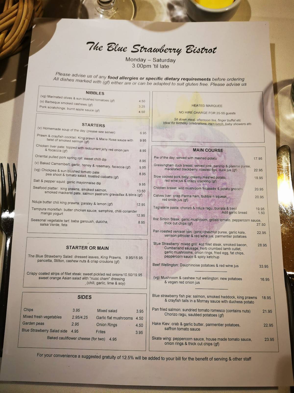 Menu at Blue Strawberry Bistrot restaurant, Hatfield Peverel