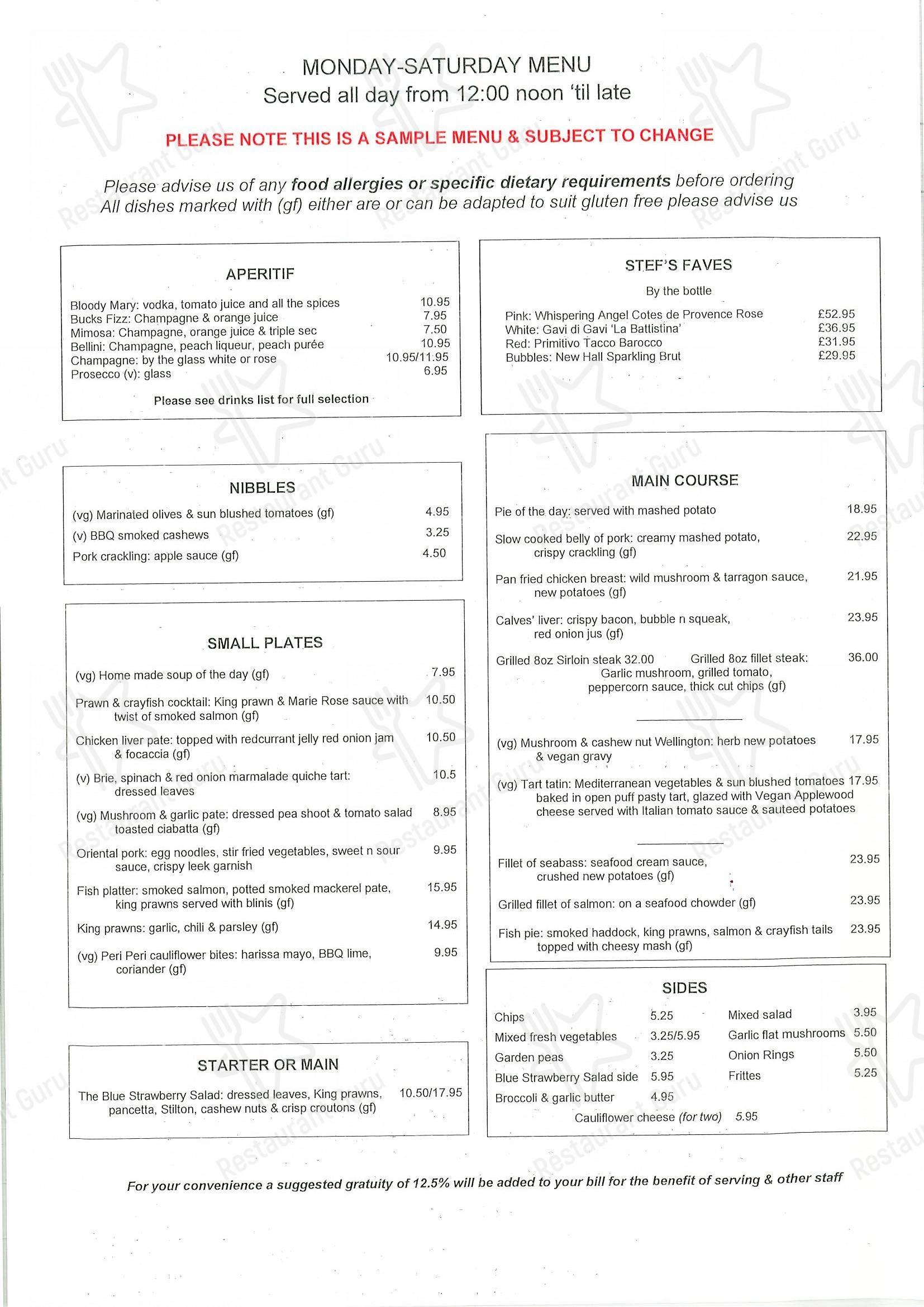 Menu at Blue Strawberry Bistro restaurant, Hatfield Peverel