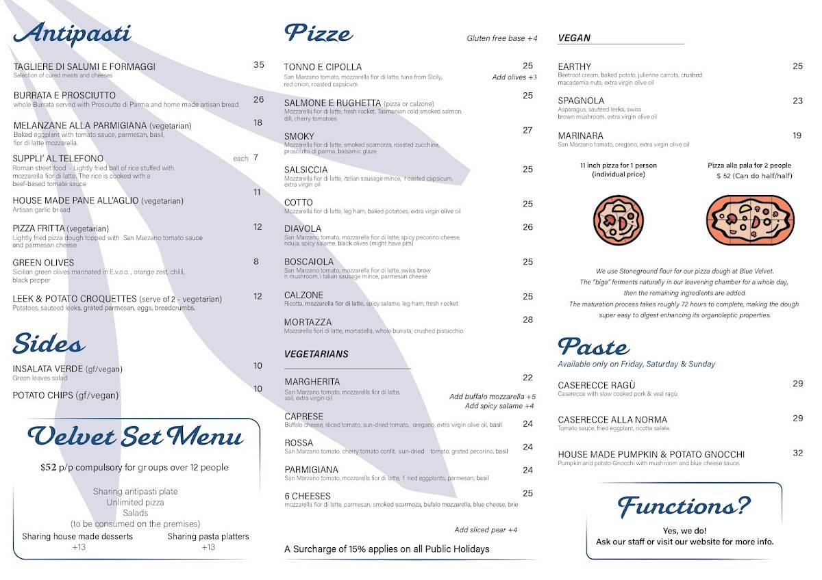 Menu at Blue Velvet Adelaide pizzeria, Mile End