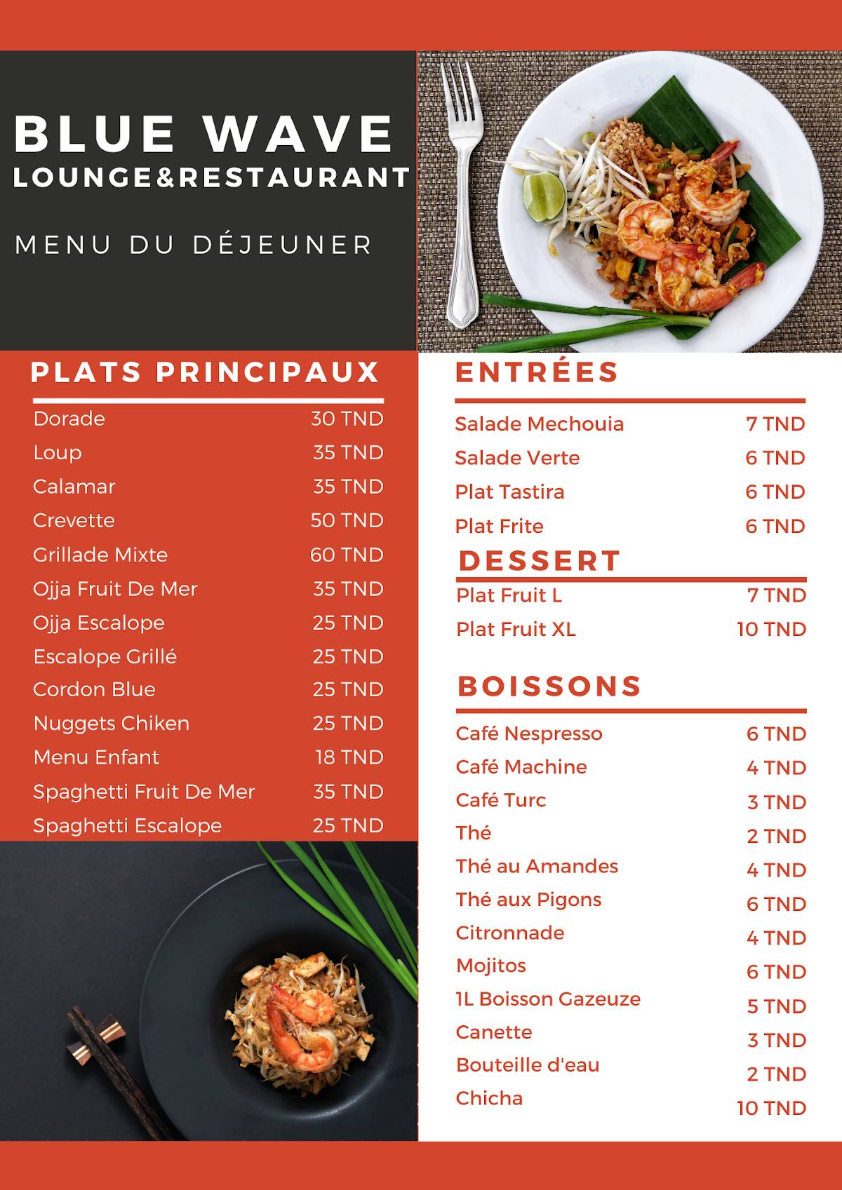 Menu au Blue Wave Lounge & Restaurant Ghar Melh, Tunisie