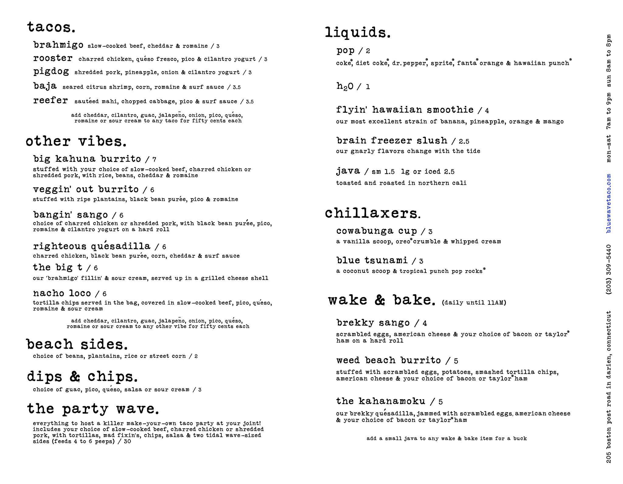 Menu at Blue Wave Taco restaurant, Darien