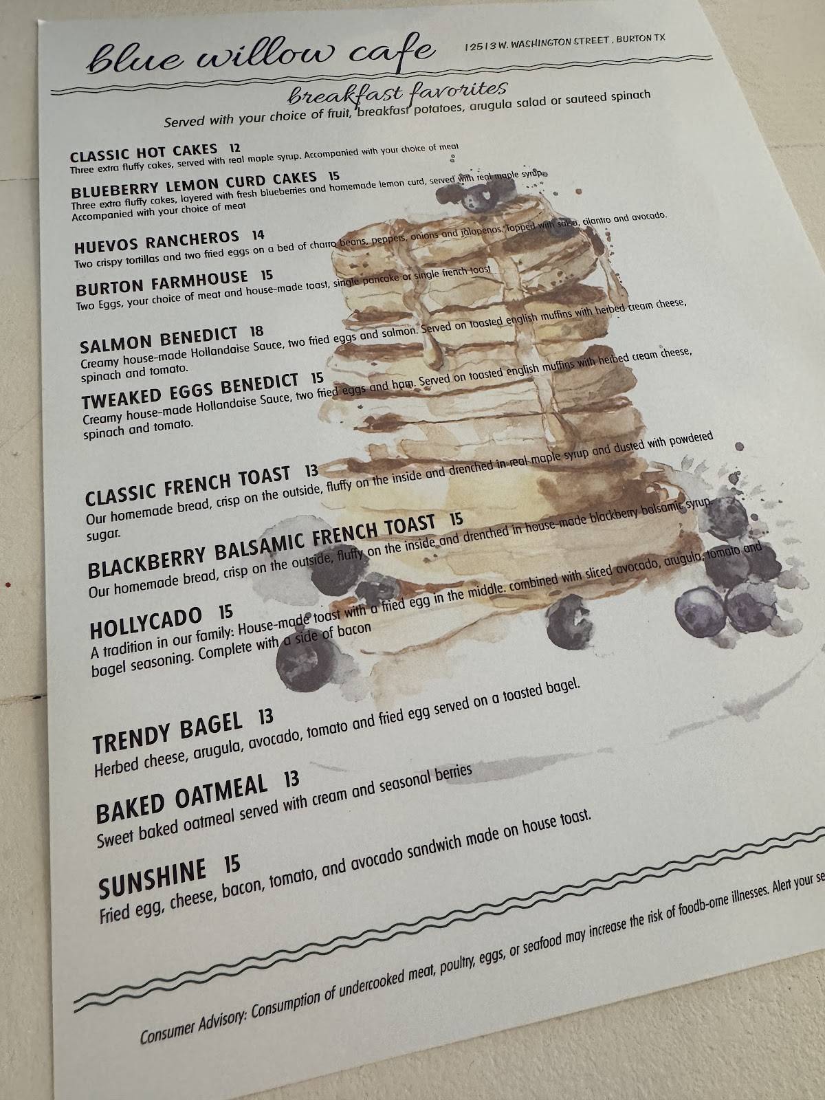 Menu at Blue Willow Cafe, Burton