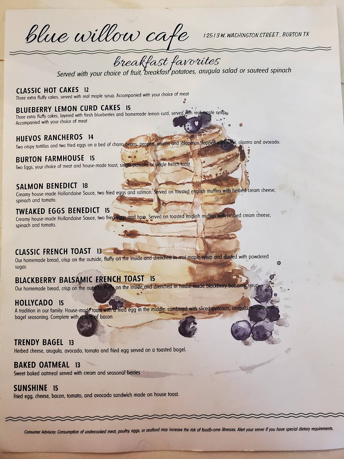 Menu at Blue Willow Cafe, Burton