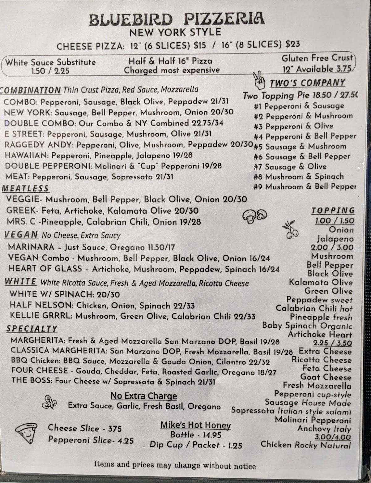 Carta de Bluebird Pizzeria, San Leandro