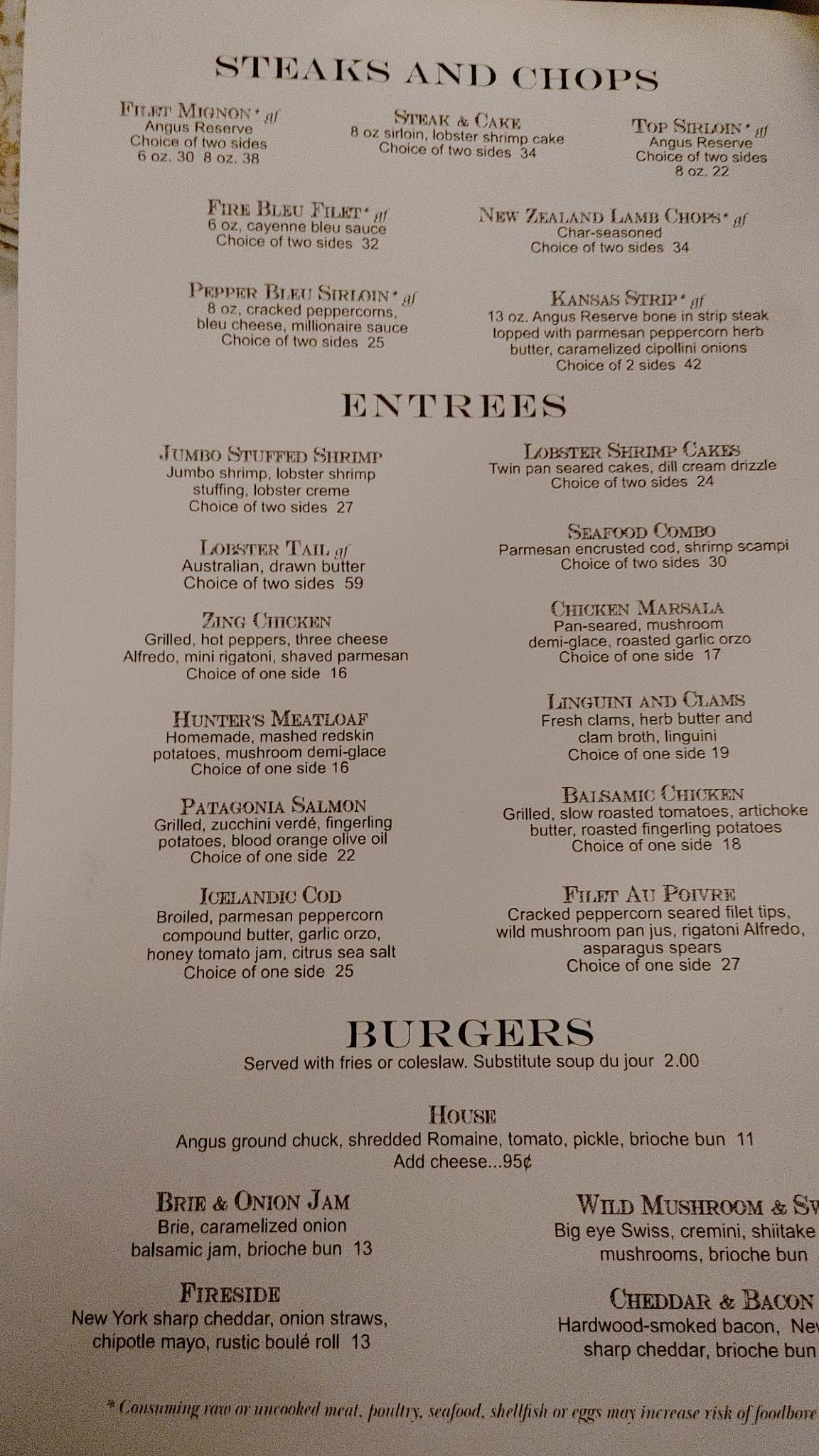 Menu at Springfield Grille restaurant, Youngstown