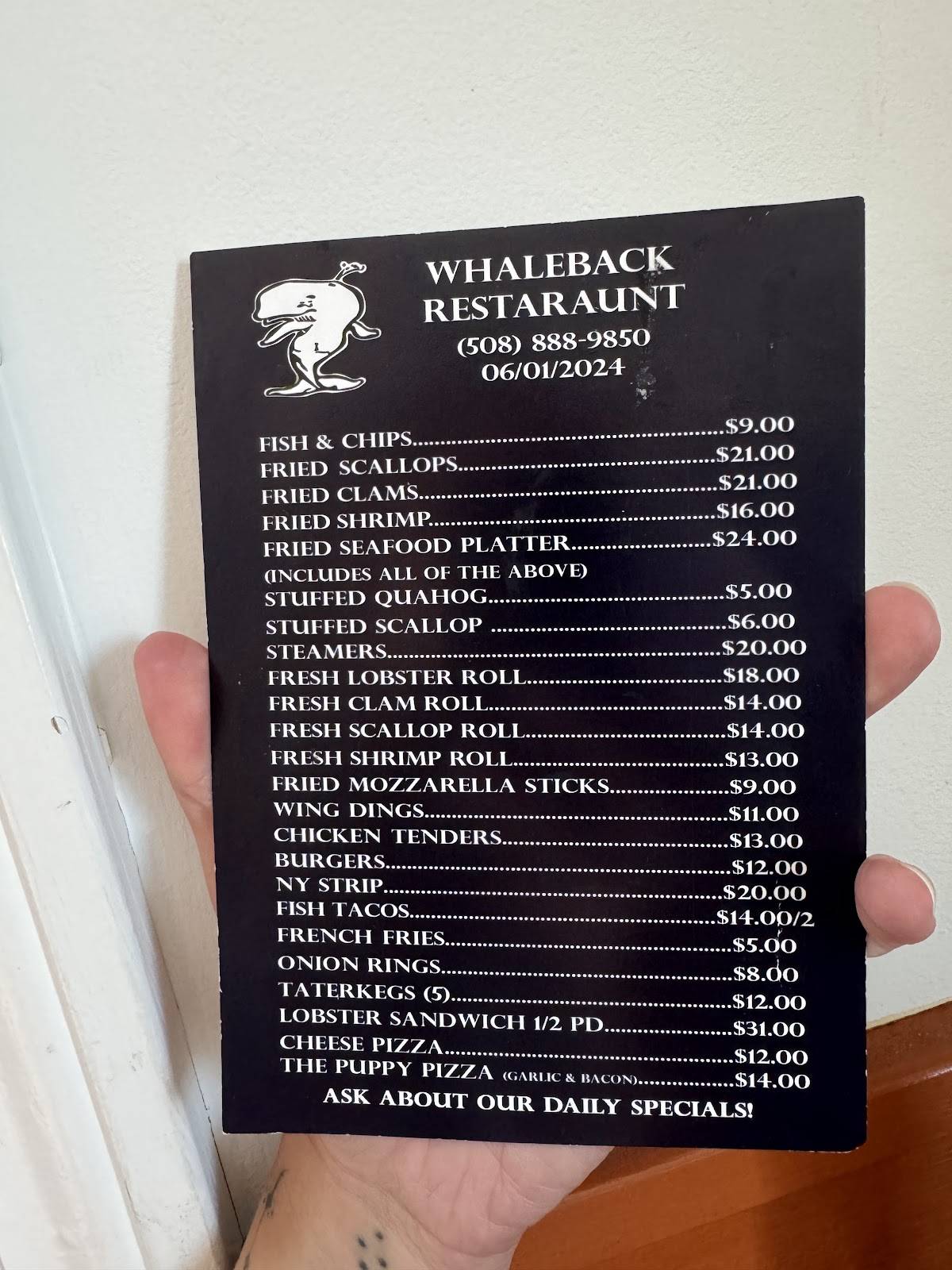 Menu at Bob O'Malley's Whaleback Restaurant, Sandwich