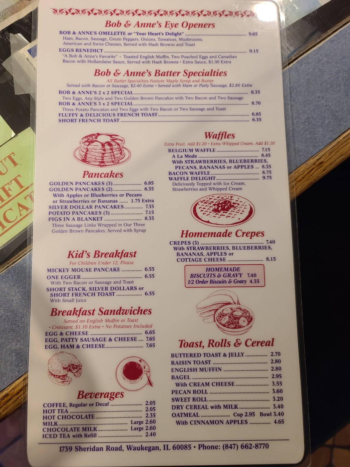 Menu at Bob & Anne's Restaurant, Waukegan