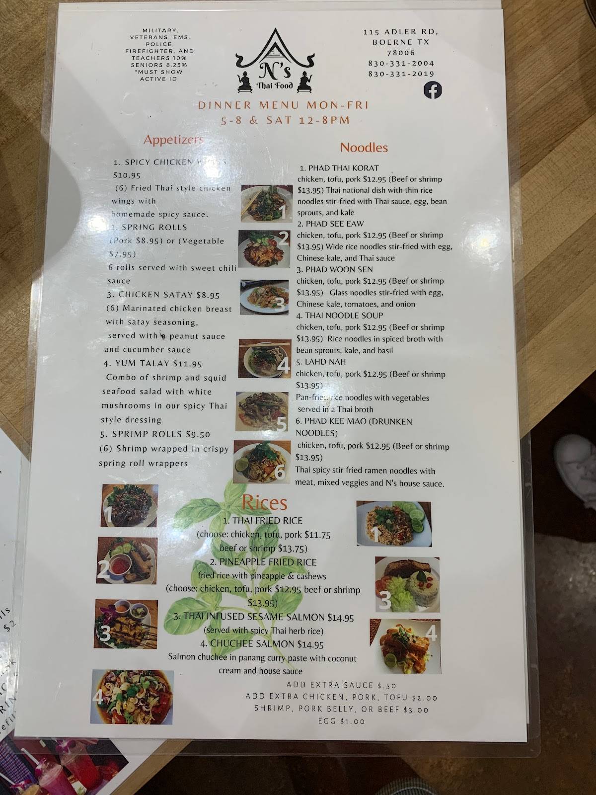 Menu at N's Thai Food restaurant, Boerne