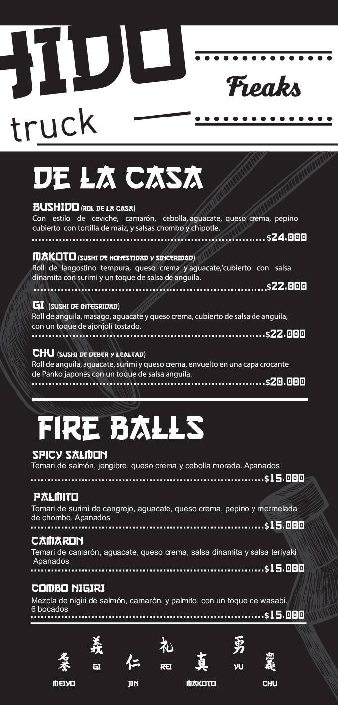 Menu at Bushido restaurant, Bogotá