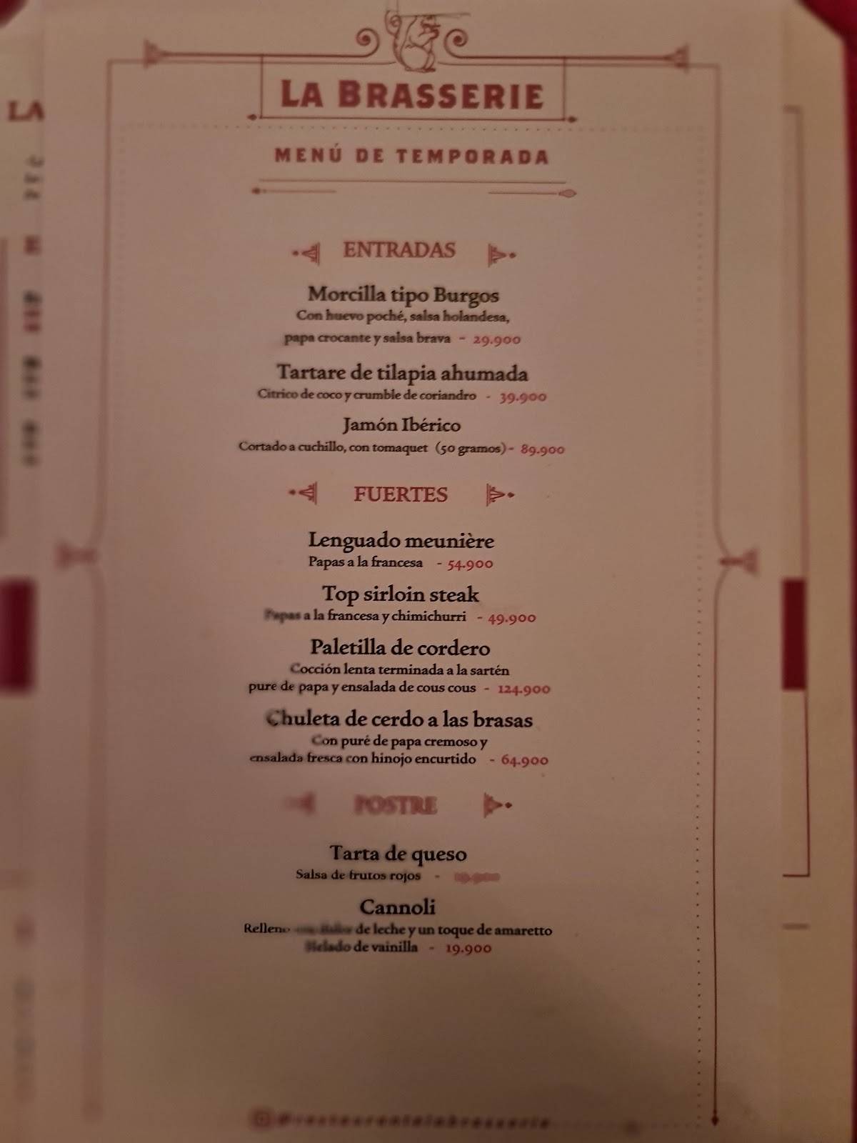 Carta del restaurante La Brasserie, Bogotá