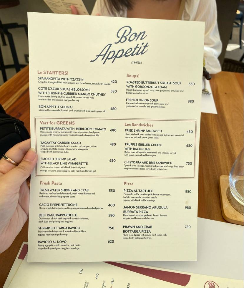 Carta del restaurante Bon Appetit Hotel 8, Tagaytay