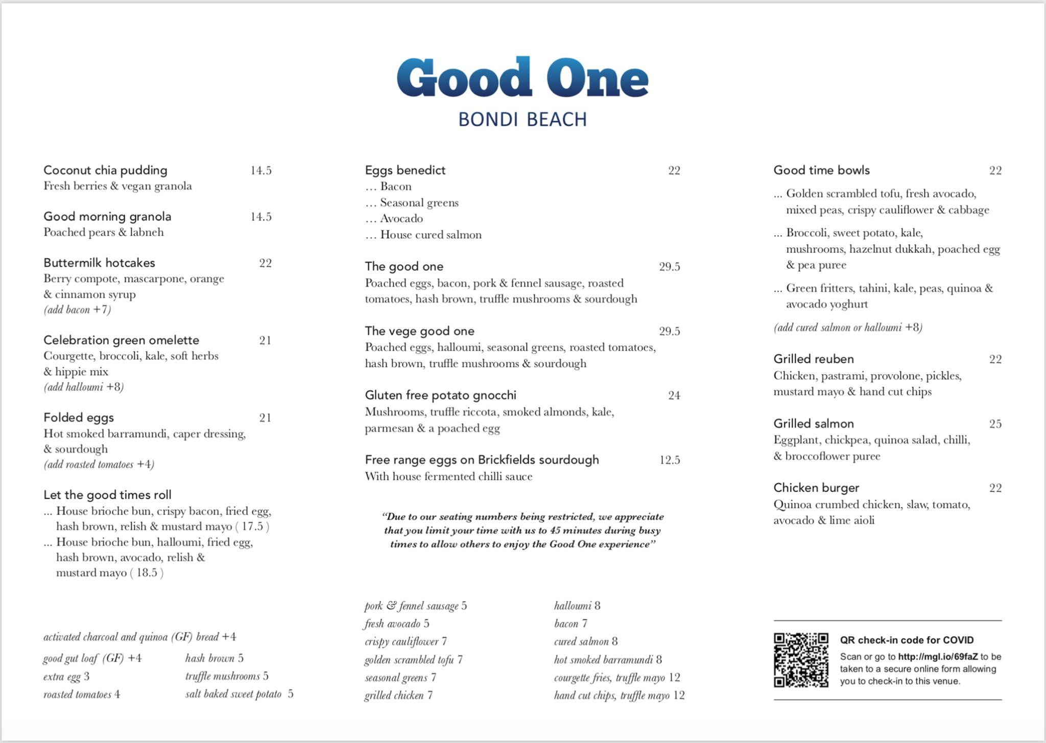 Menu at Good One Cafe Bondi Beach, Bondi Beach