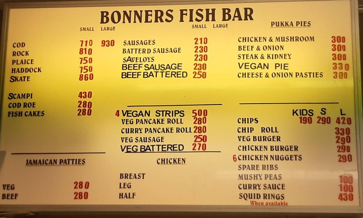 Menu at Bonners Fish Bar, London