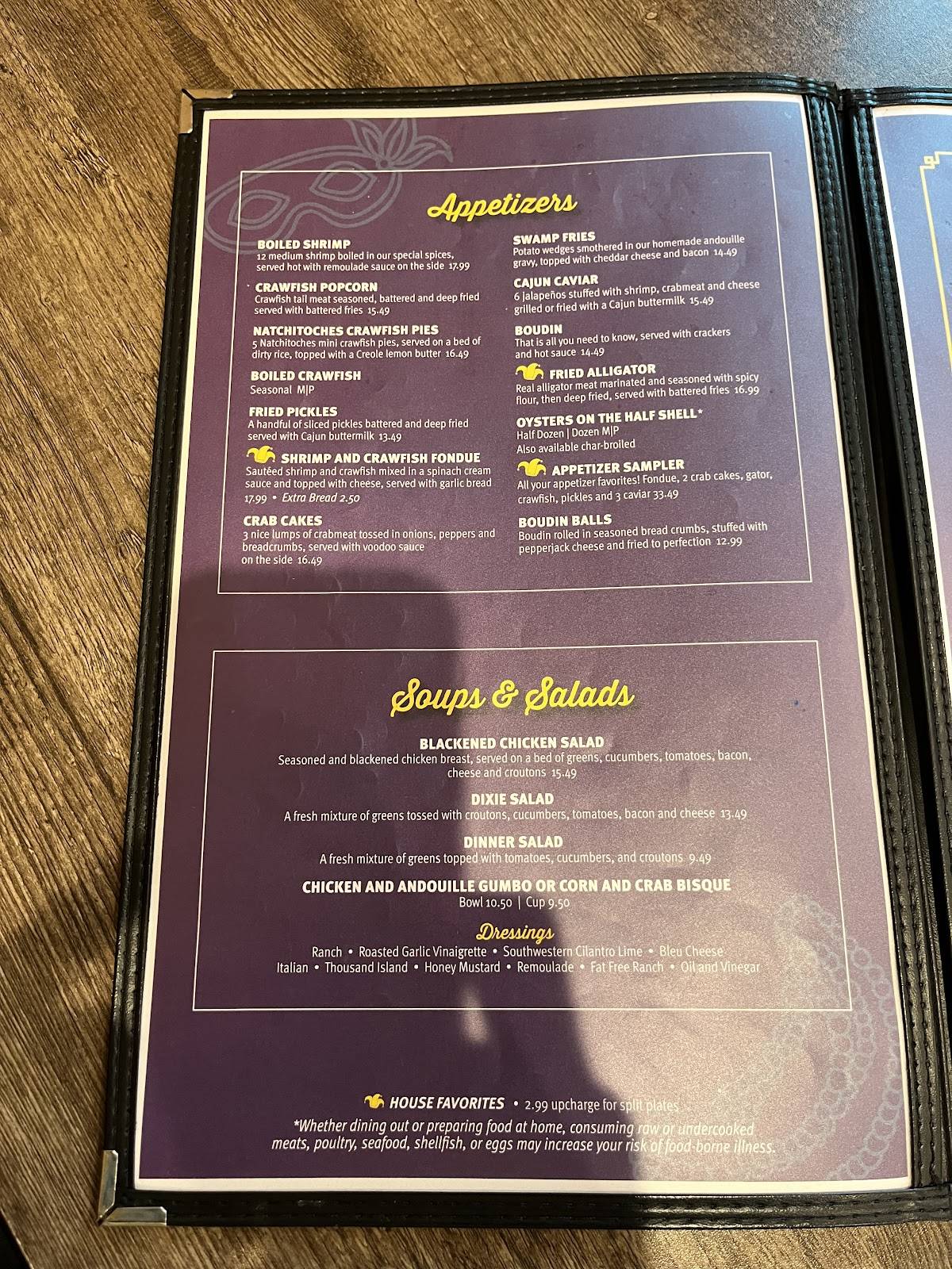 Menu at Boo Rays of New Orleans restaurant, Crowley