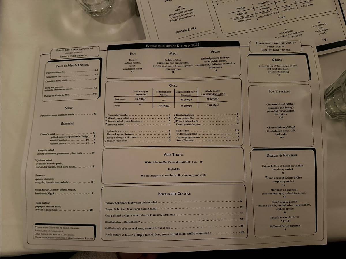 Menu at Borchardt restaurant, Berlin