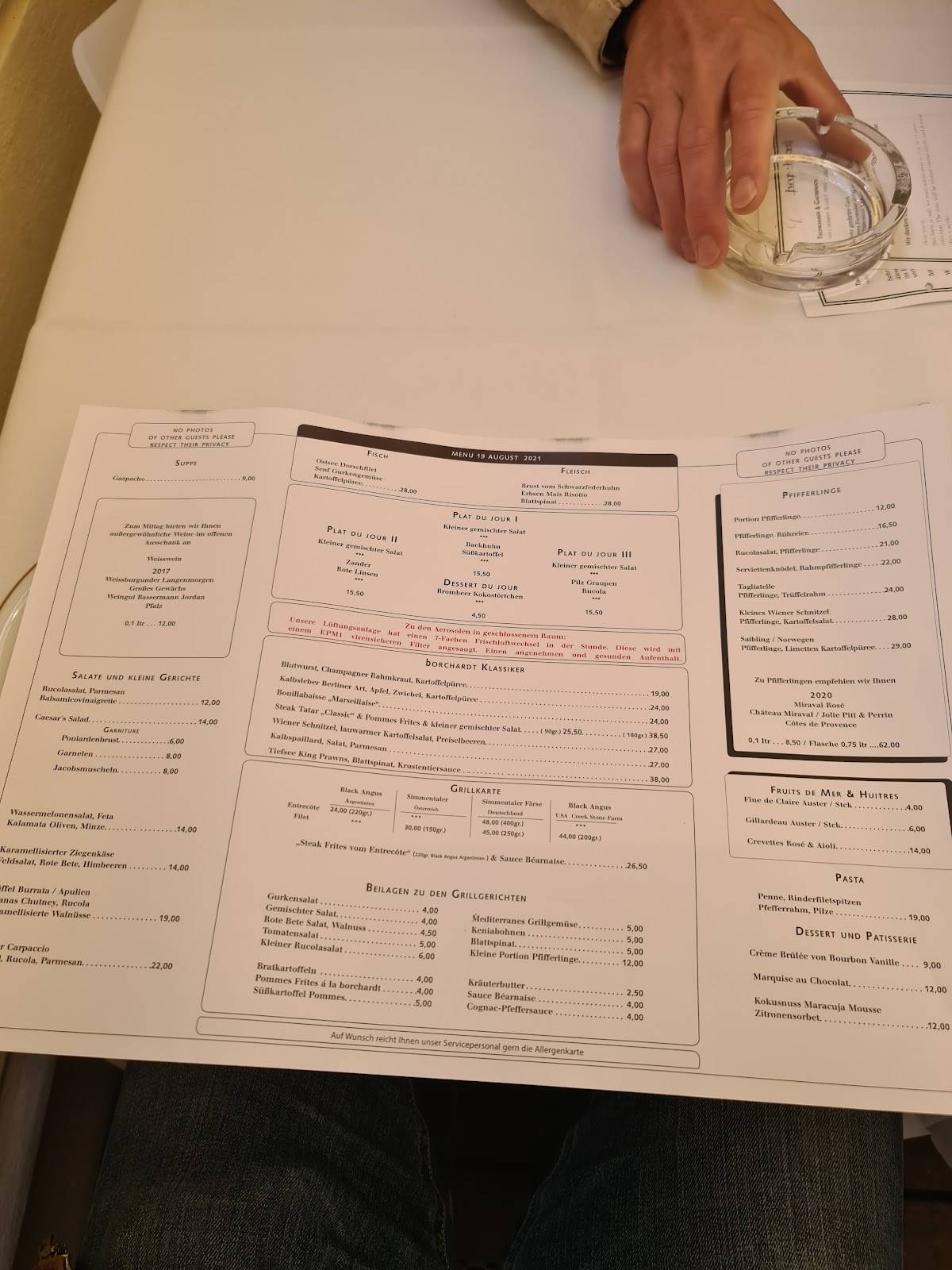 Menu at Borchardt restaurant, Berlin