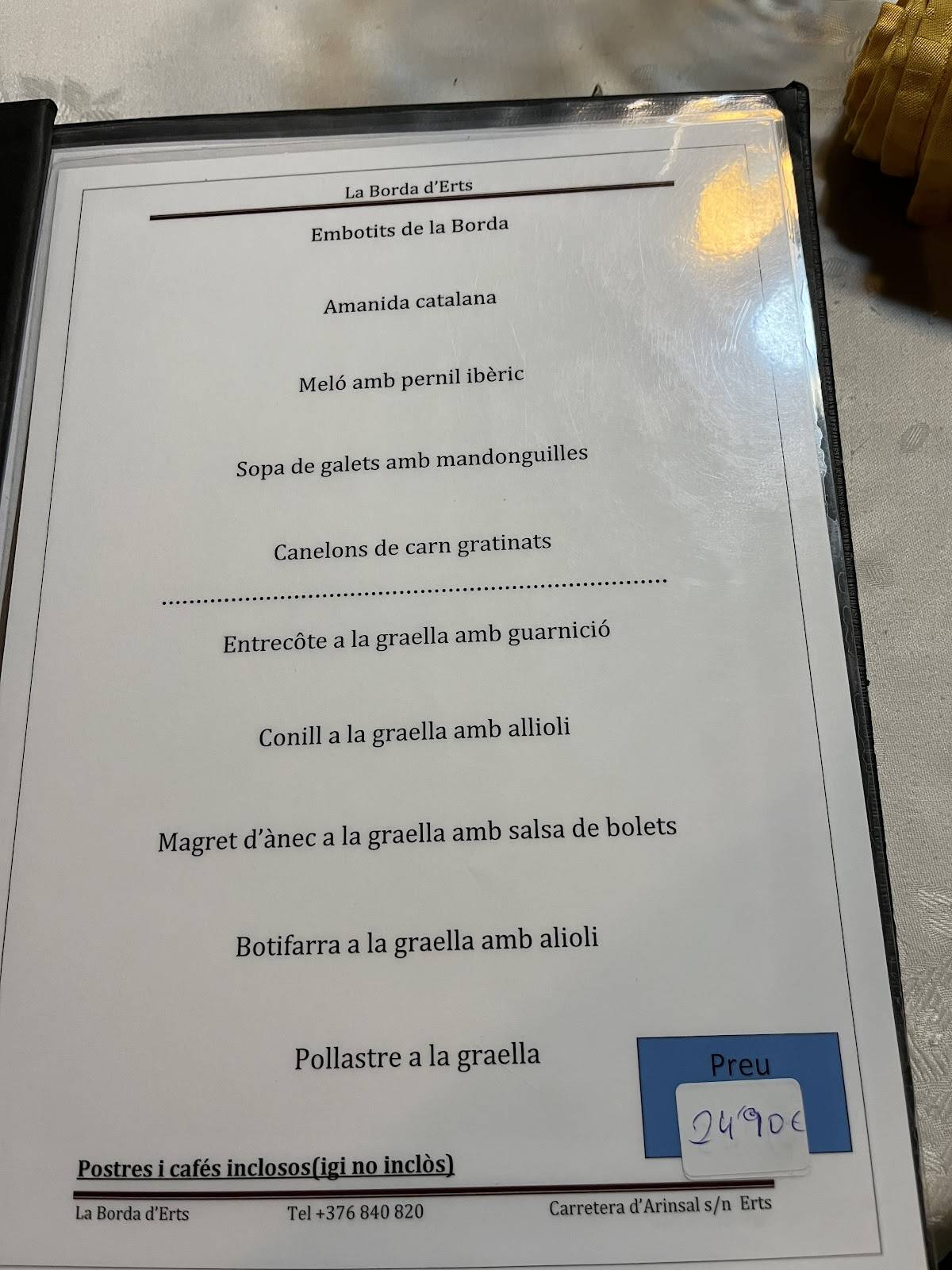 Carta del restaurante Borda d'Erts, Erts
