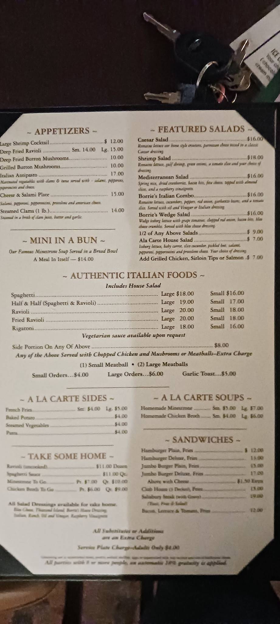 Menu at Borries Supper Club, Black Eagle