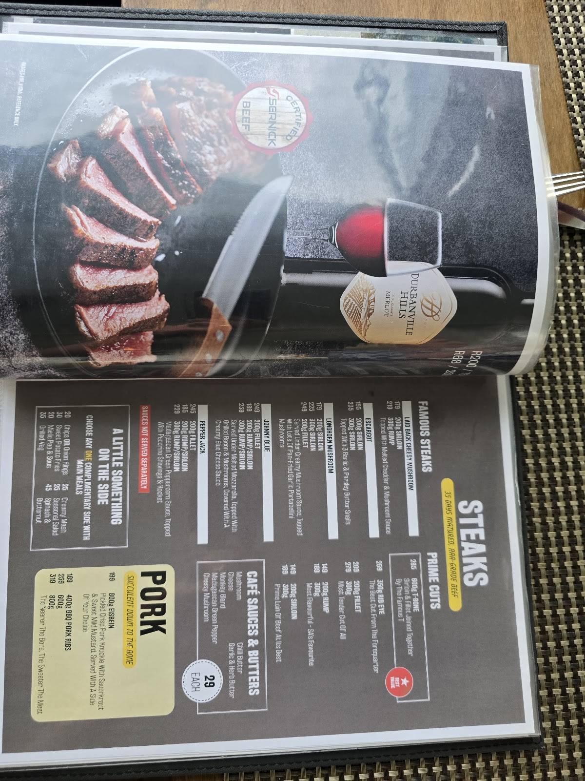 Menu at Bossa Modderfontein restaurant, Johannesburg