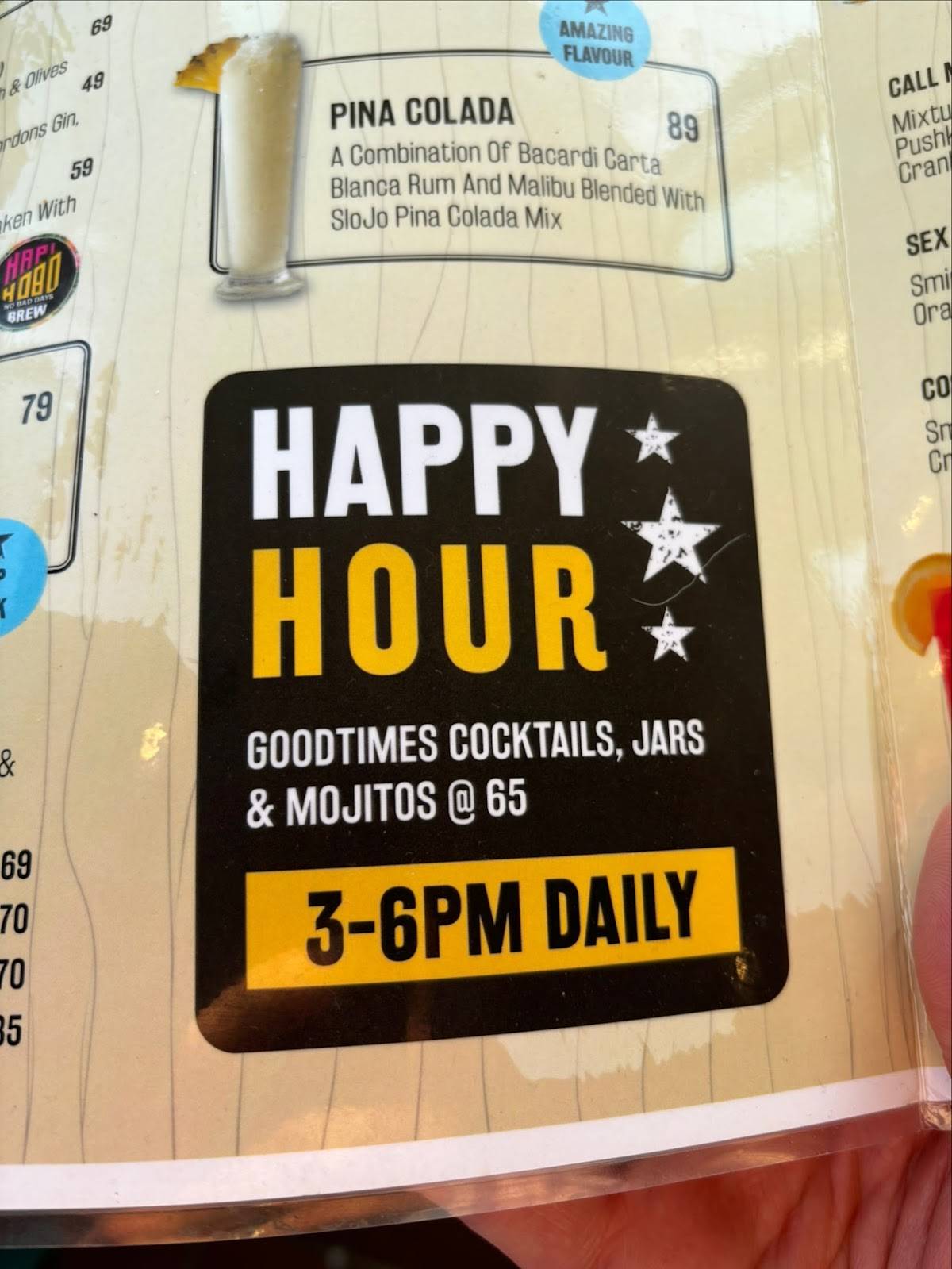 Menu at Bossa Modderfontein restaurant, Johannesburg