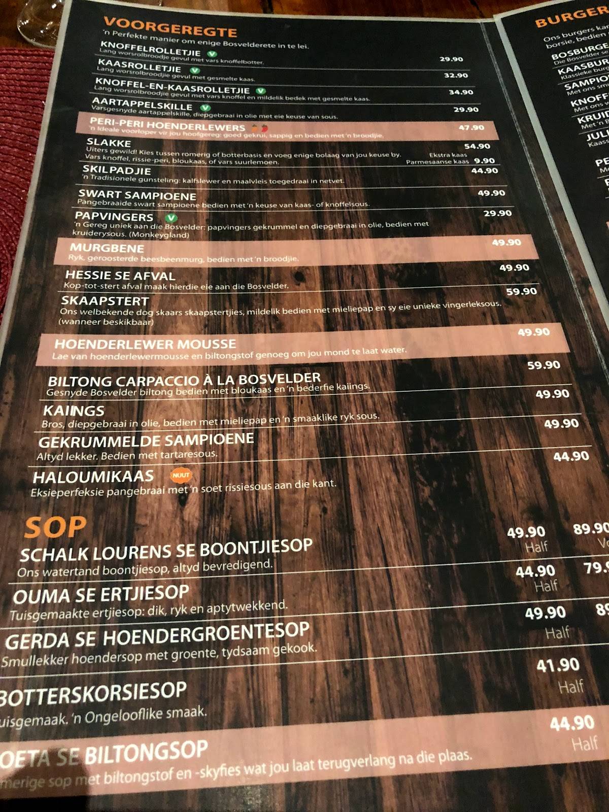 Menu at Bosvelder Pub & Restaurant, Centurion