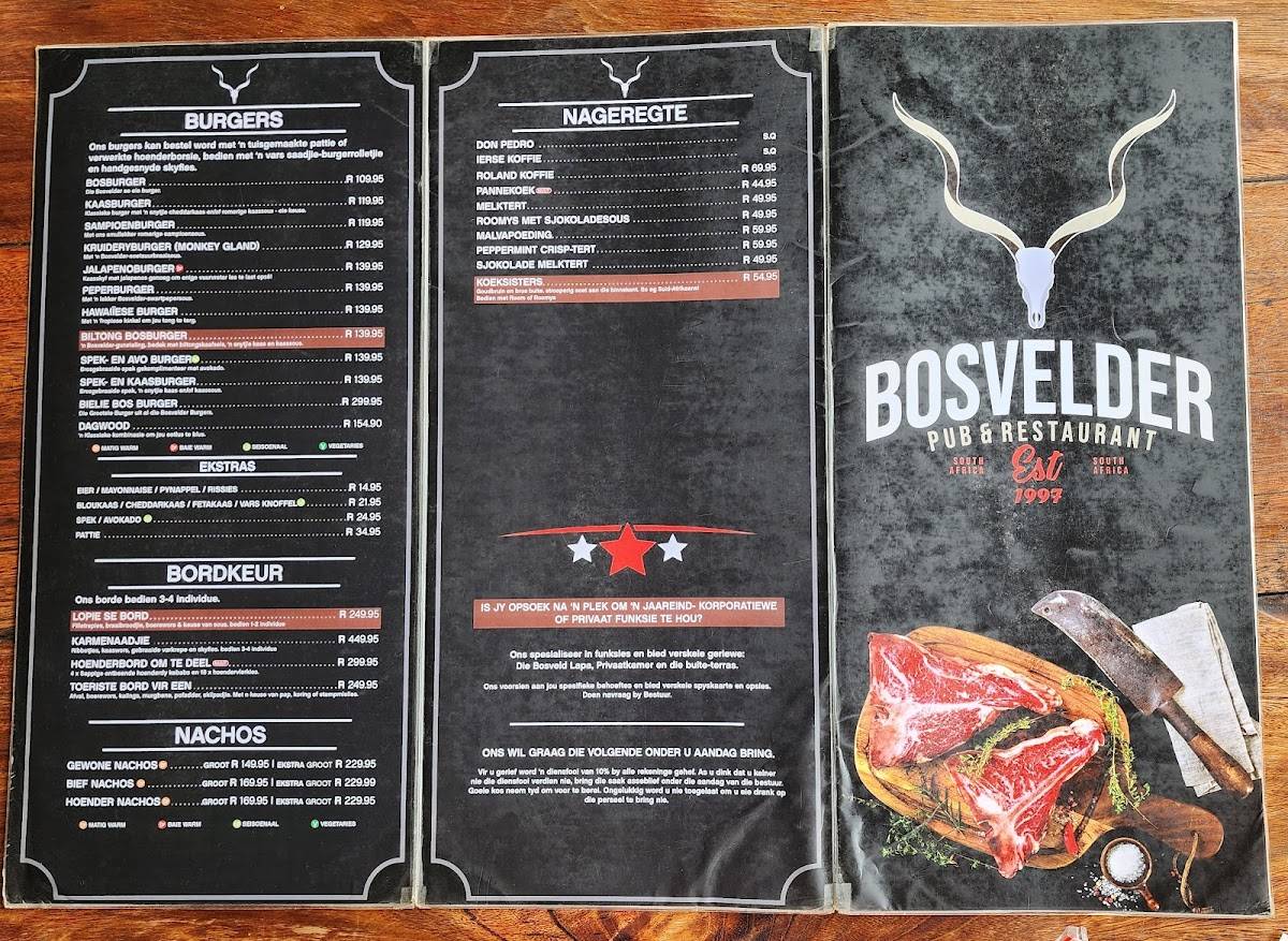 Menu at Bosvelder Pub & Restaurant, Centurion
