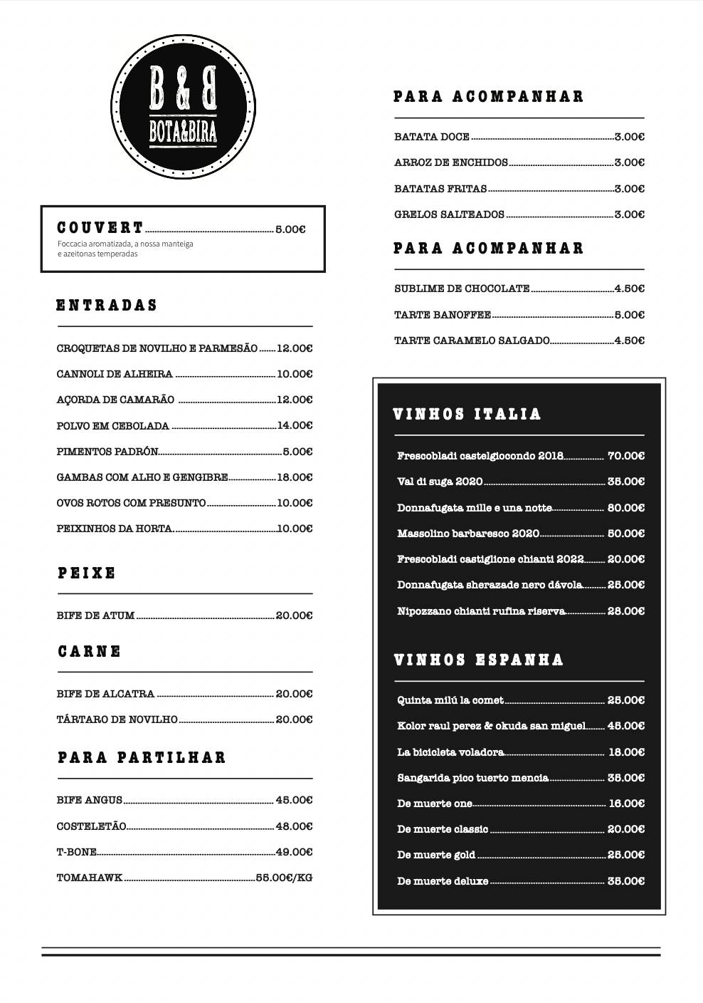 Menu at Bota&Bira BBQ, Porto