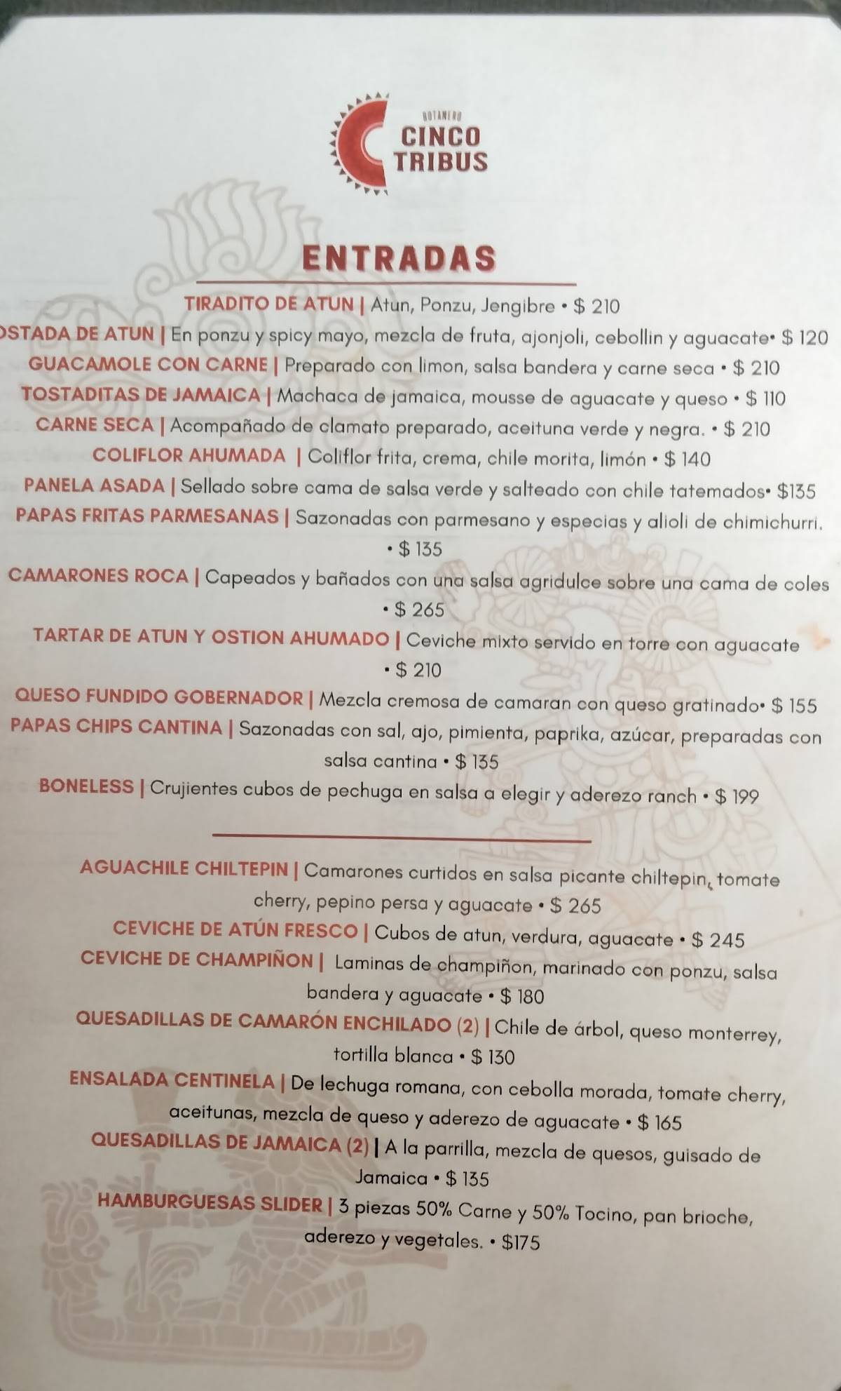 Carta del restaurante Botanero Cinco Tribus, Mexicali